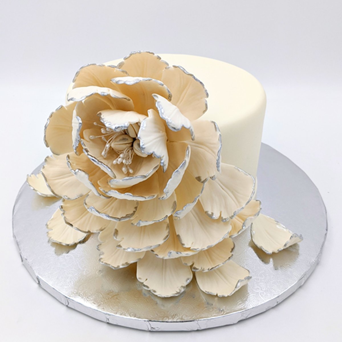 Anniversary Cascade Local Deerfield's Bakery Anniversary Wedding shower petals floral silver ...